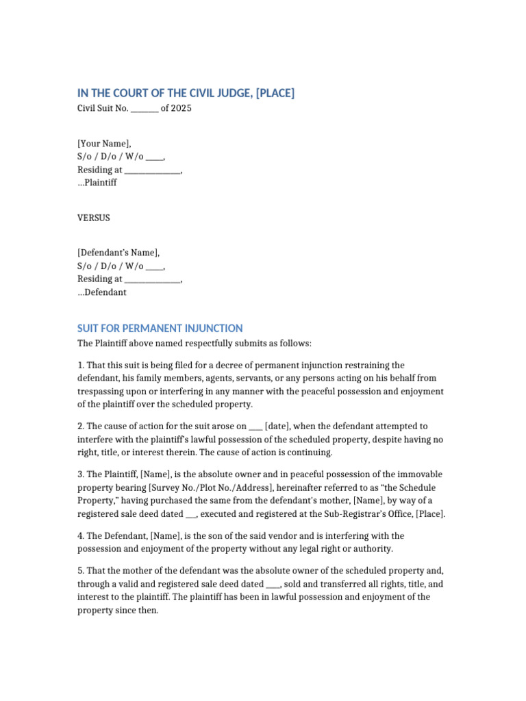 Plaint Permanent Injunction | PDF | Lawsuit | Judiciaries
