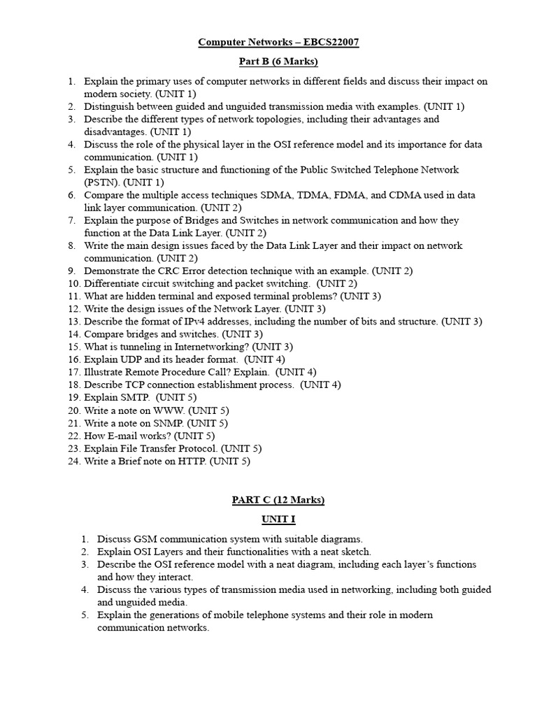 Computer Networks Question Bank - Unit Wise | PDF | Computer Network | Osi Model