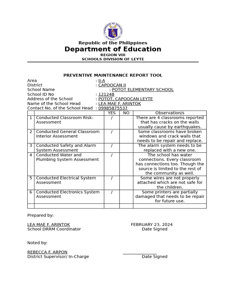 Preventive Maintenance Report For Potot Elementary School Pdf