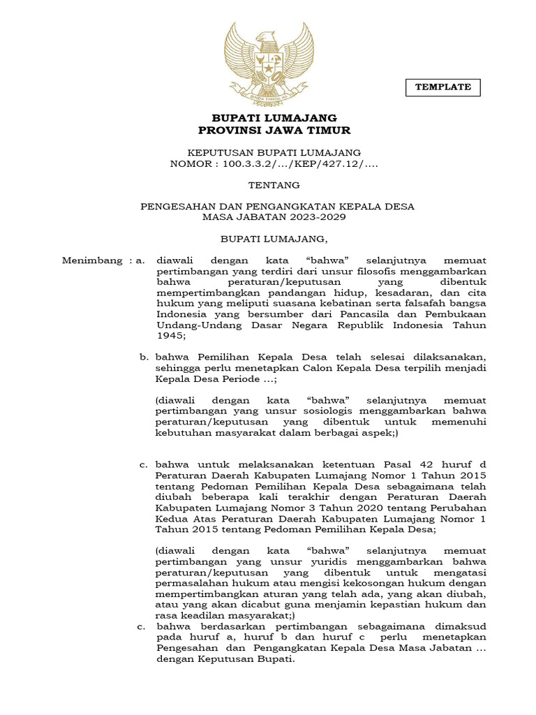 Format SK Pengesahan Dan Pengangkatan Kepala Desa | PDF