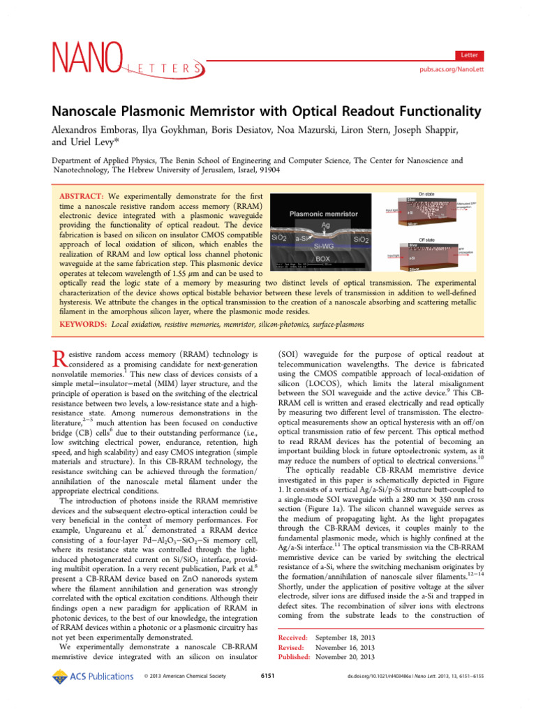Levy Et Al 2013 Nanoscale Plasmonic Memristor With Optical Readout Functionality | PDF | Plasmon ...