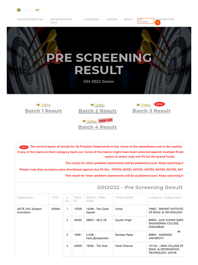BATCH-2 RESULT Smart India Hackathon 2022 21-6-2022 | PDF