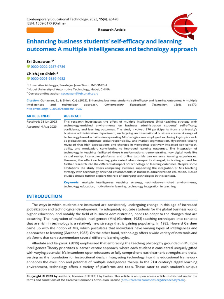 Enhancing Business Students' Self-Efficacy and Learning Outcomes A Multiple Intelligences and ...