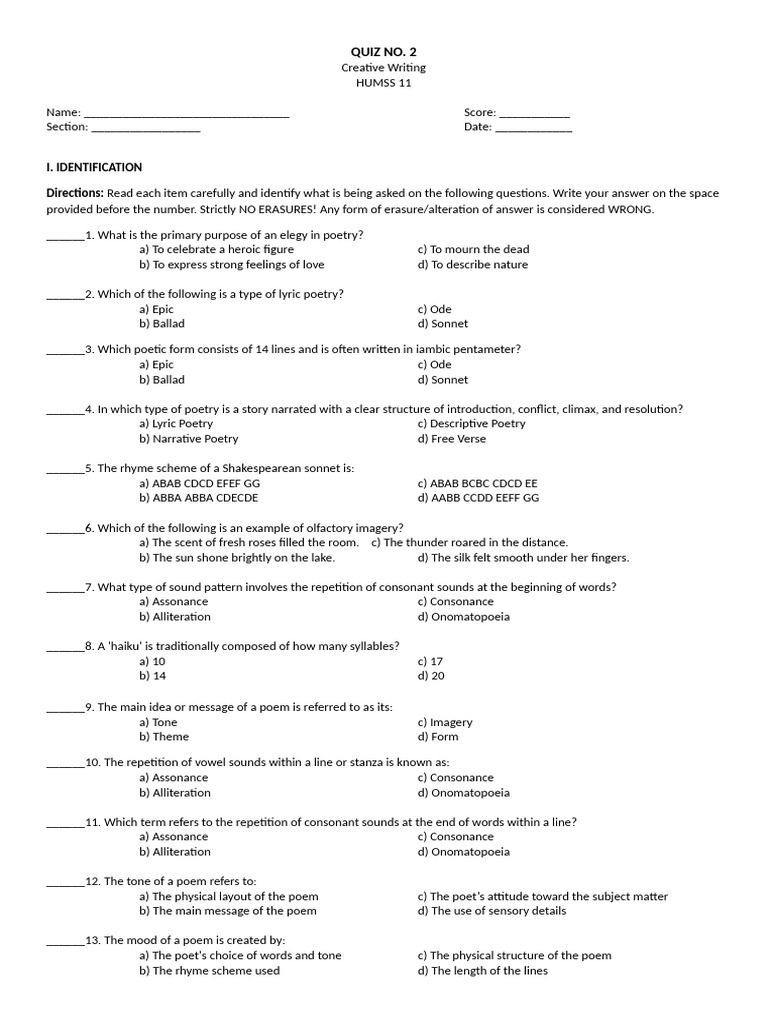 QUIZ NO. 2-Creative Writing | PDF | Poetry | Rhyme