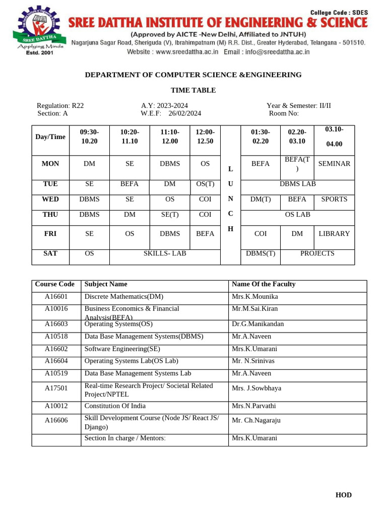 CSE II/II Timetable 2023-2024 | PDF | Databases | Information ...