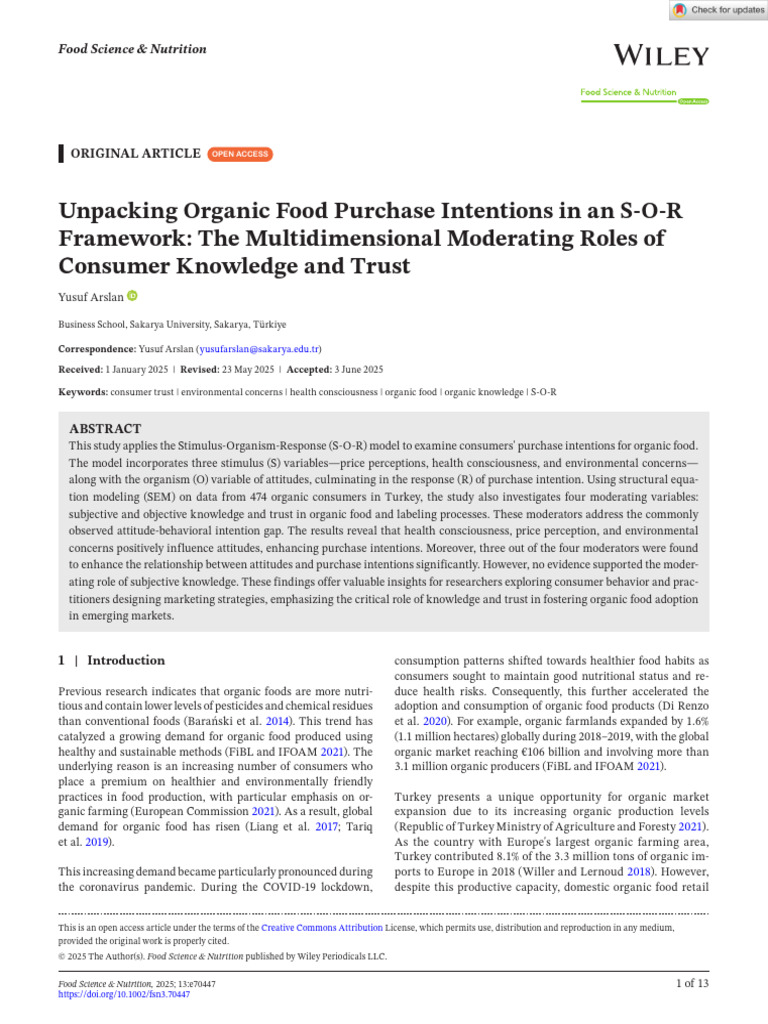 Food Science Nutrition - 2025 - Arslan - Unpacking Organic Food Purchase Intentions in An S O R ...