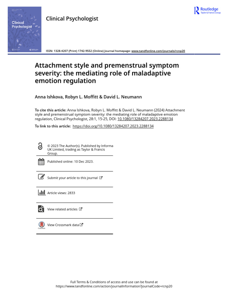 Attachment Style and Premenstrual Symptom Severity The Mediating Role ...