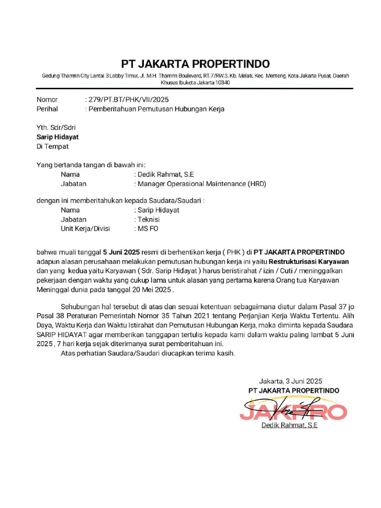 Surat PHK Sarip Hidayat | PDF