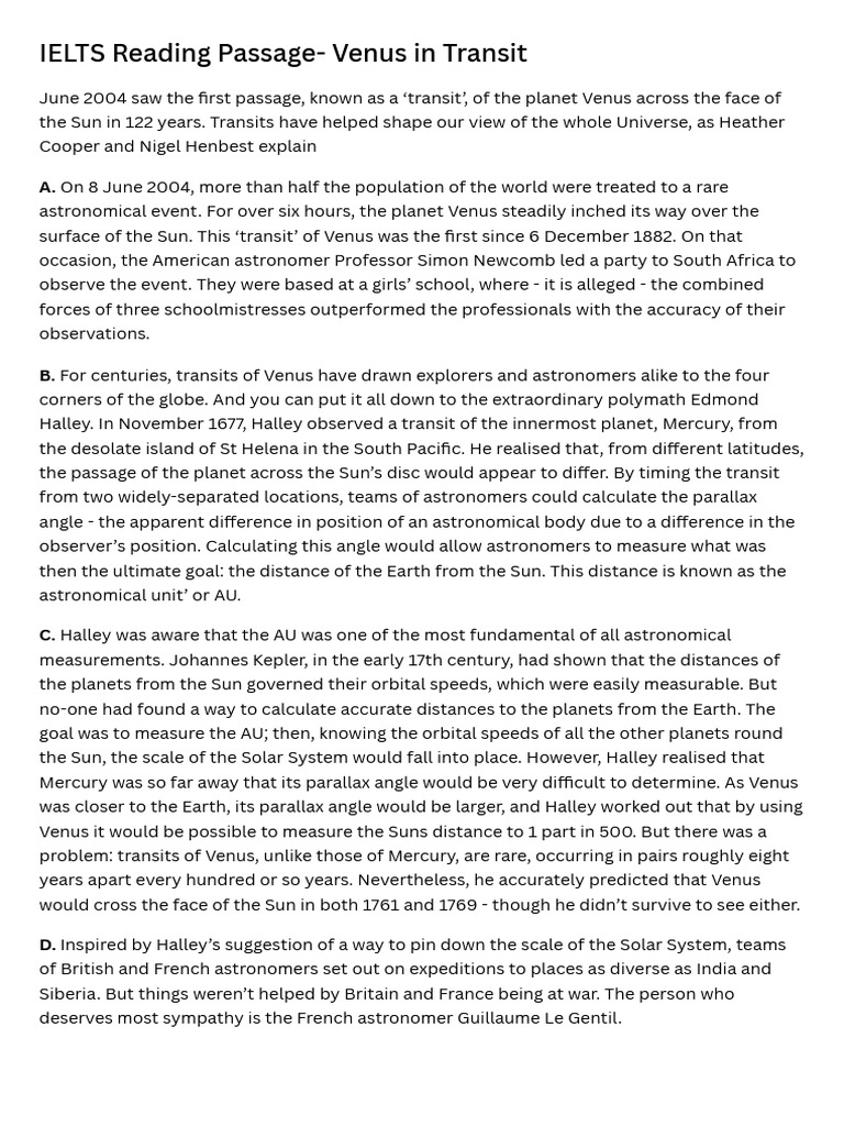 Ielts Reading Passage Venus in Transit 6728 | PDF | Astronomical Unit ...