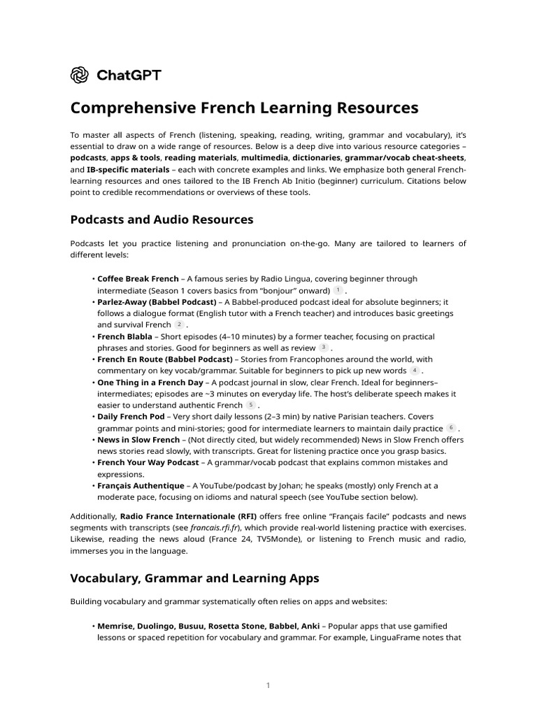 Comprehensive French Learning Resources | PDF | Vocabulary | French ...