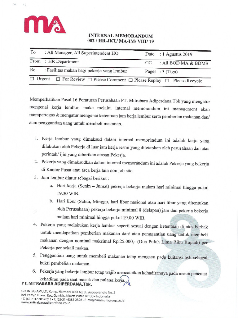 Internal Memo Fasilitas Makan Bagi Pekerja Lembur 2019 | PDF