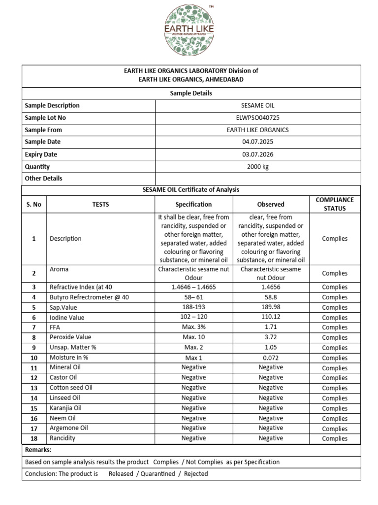 Sesame Oil Certificate of Analysis | PDF | Sesame | Chemical Substances