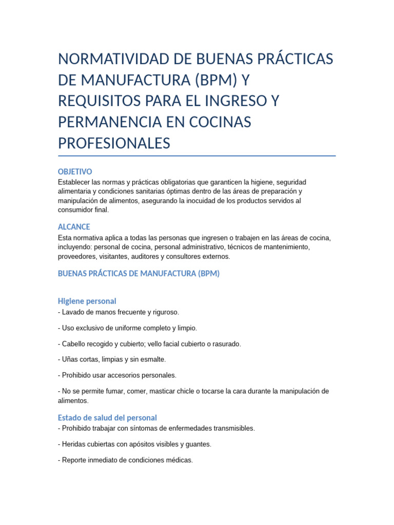 BPM Normatividad Cocina | PDF | Alimentos