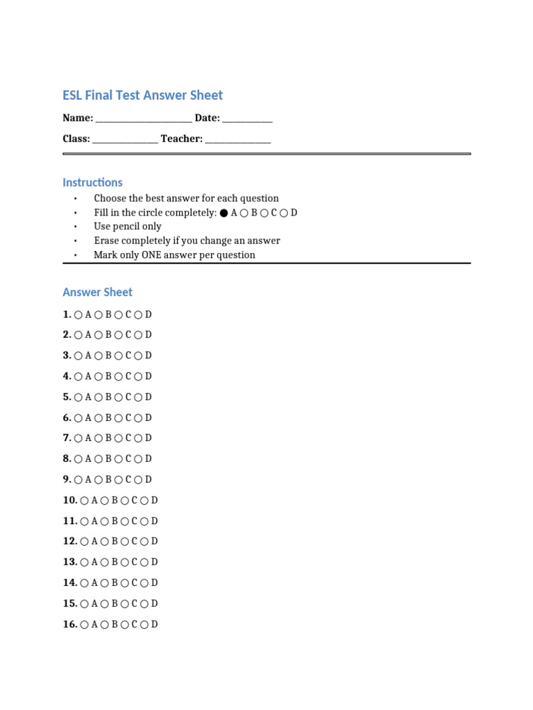 Esl Answer Sheet | PDF