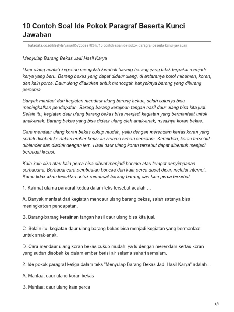 Katadata - Co.id-10 Contoh Soal Ide Pokok Paragraf Beserta Kunci Jawaban | PDF