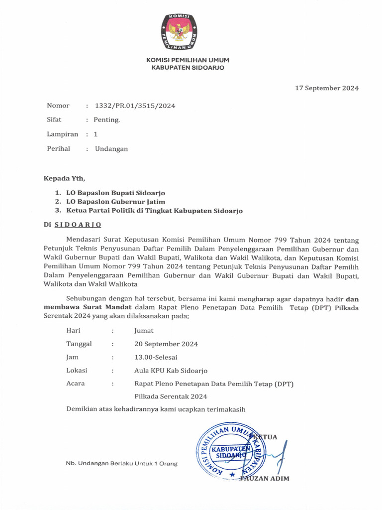 Undangan Penetapan DPT Pilkada 2024 | PDF