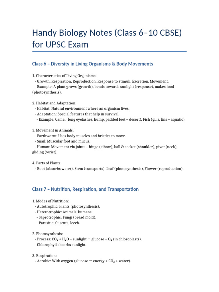 UPSC Biology Notes for Classes 6-10 | PDF | Cell (Biology) | Microorganism