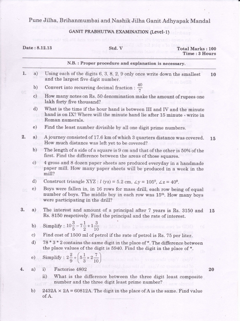 Prabhutva Pariksha Eng 5 | PDF | Mathematics | Elementary Mathematics