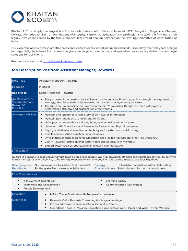 Job Description - Assistant Manager, Rewards | PDF