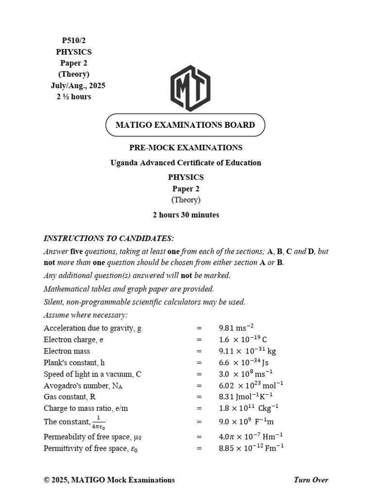 Matigo Pre Mock 2025 PHY 2 | PDF | Inductor | Electromagnetism