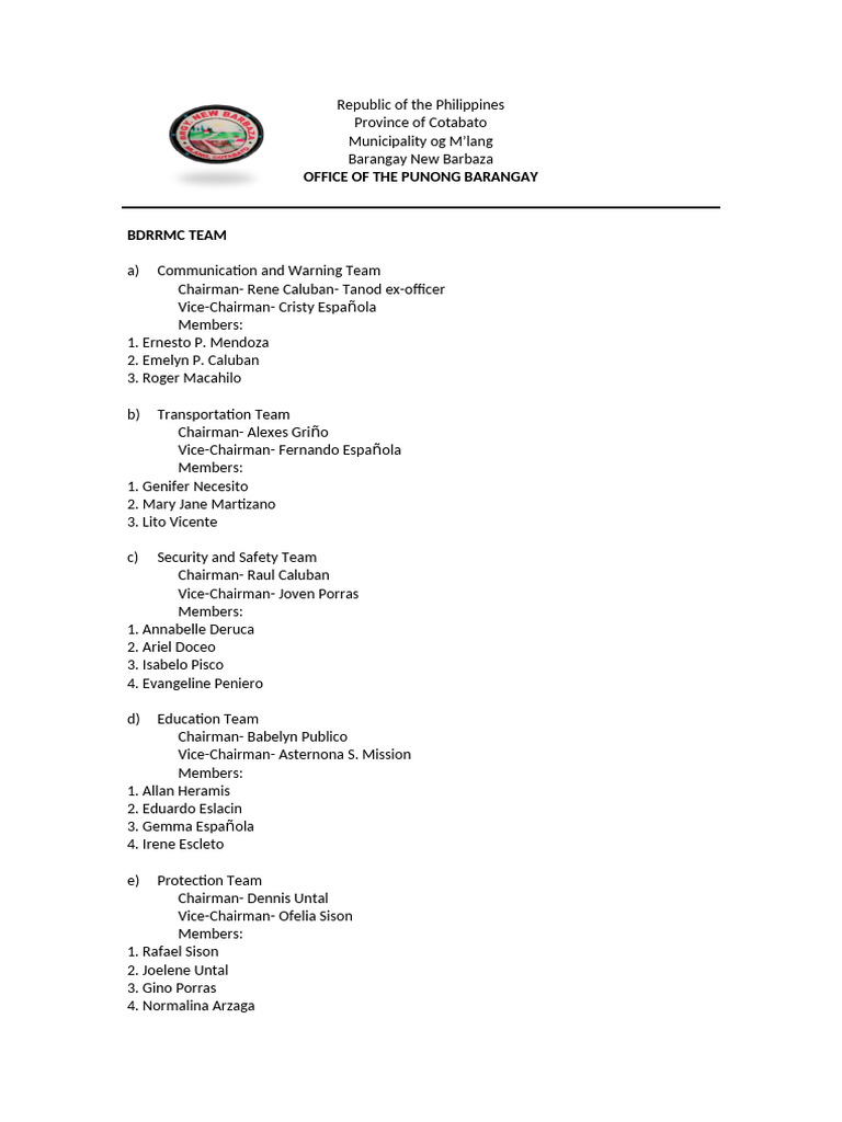BDRRMC Team Structure in M'lang, Cotabato | PDF