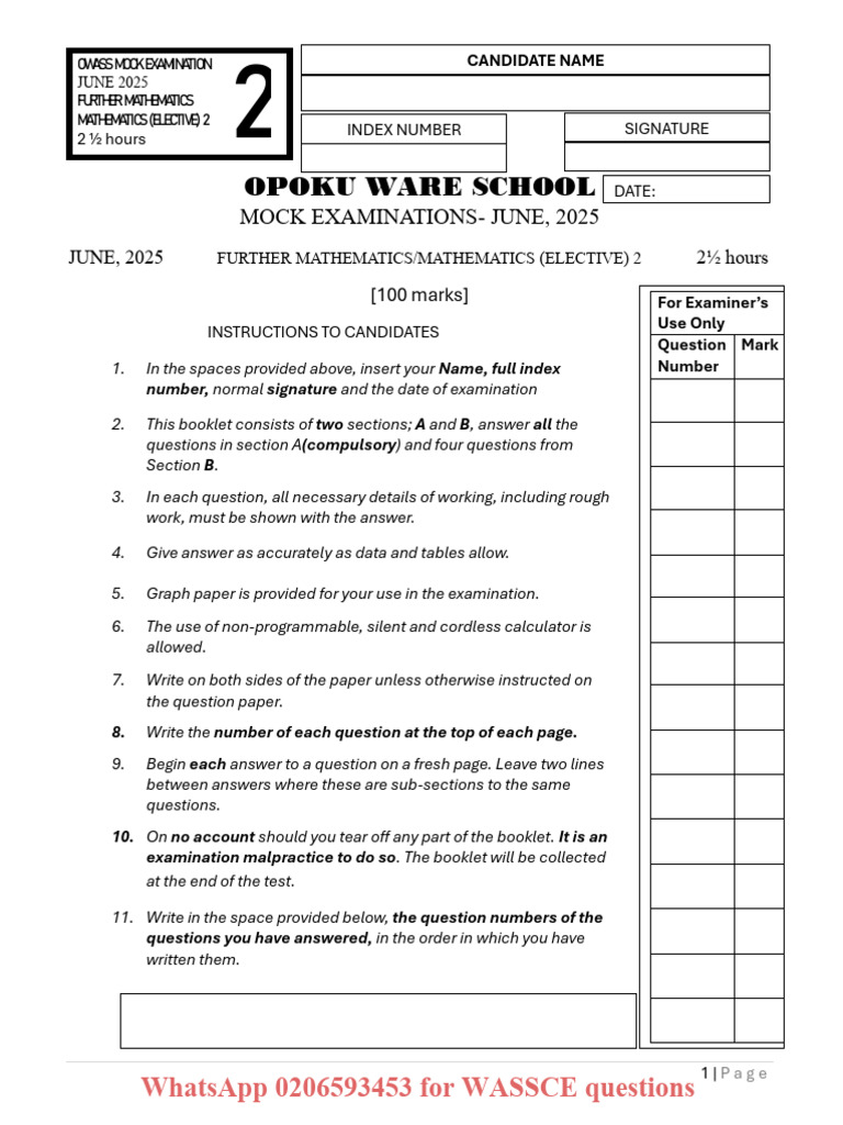 Opoku Ware School Maths Mock 2025 | PDF | Mathematics | Mathematical ...
