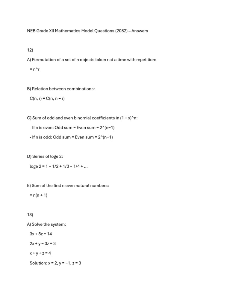 NEB Grade XII Mathematics Model Questions | PDF