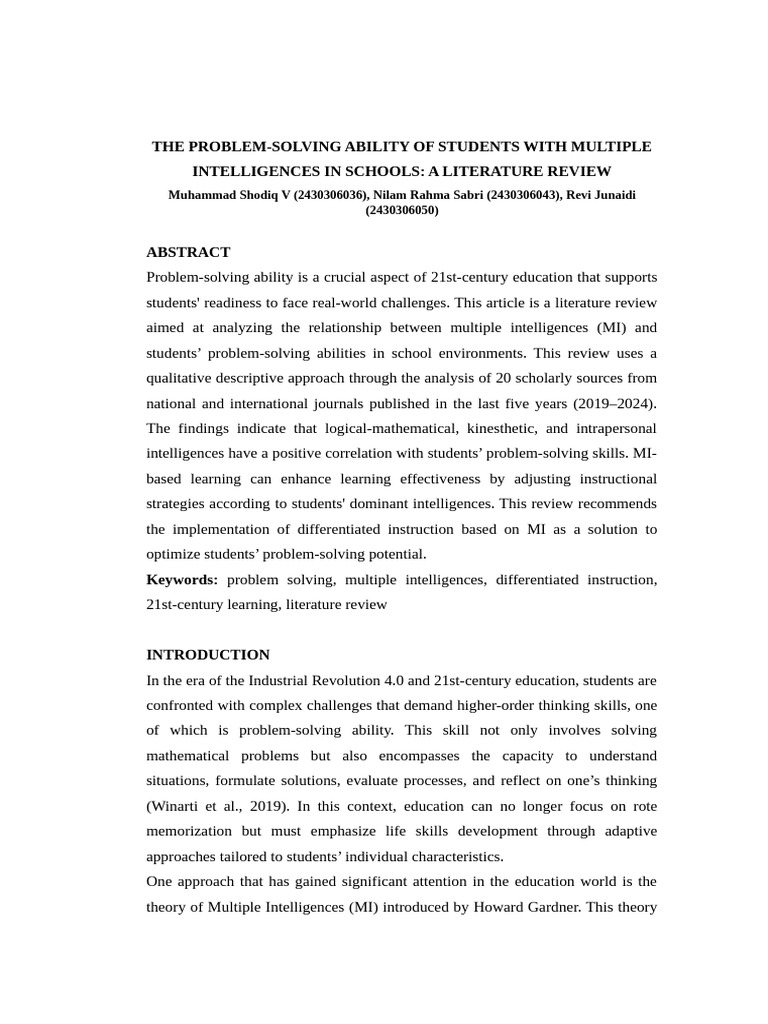 Kemampuan Problem Solving Siswa Yang Memiliki Multiple Intelligence Di ...