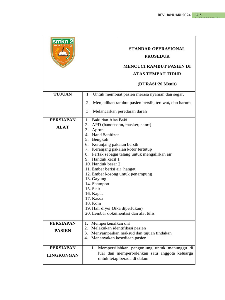 Sop Melakukan Personal Hygiene Mencuci Rambut | PDF