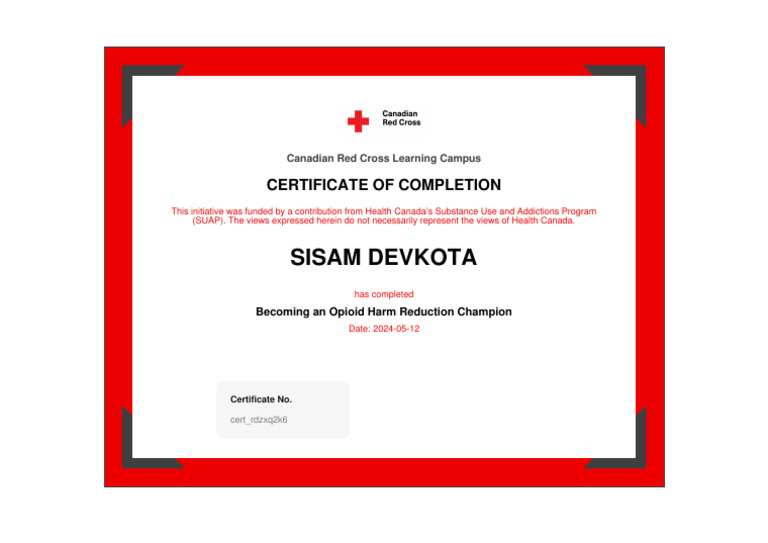 Certificate of Completion For Becoming An Opioid Harm Reduction ...