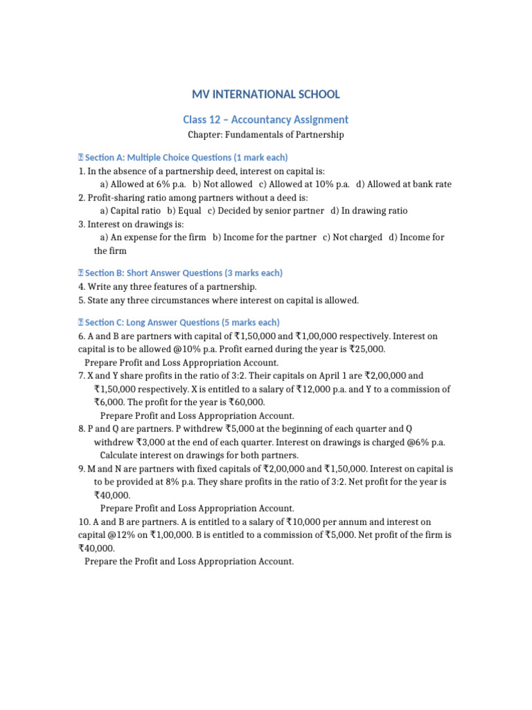 Class 12 Accounts Assignment Partnership Fundamentals | PDF