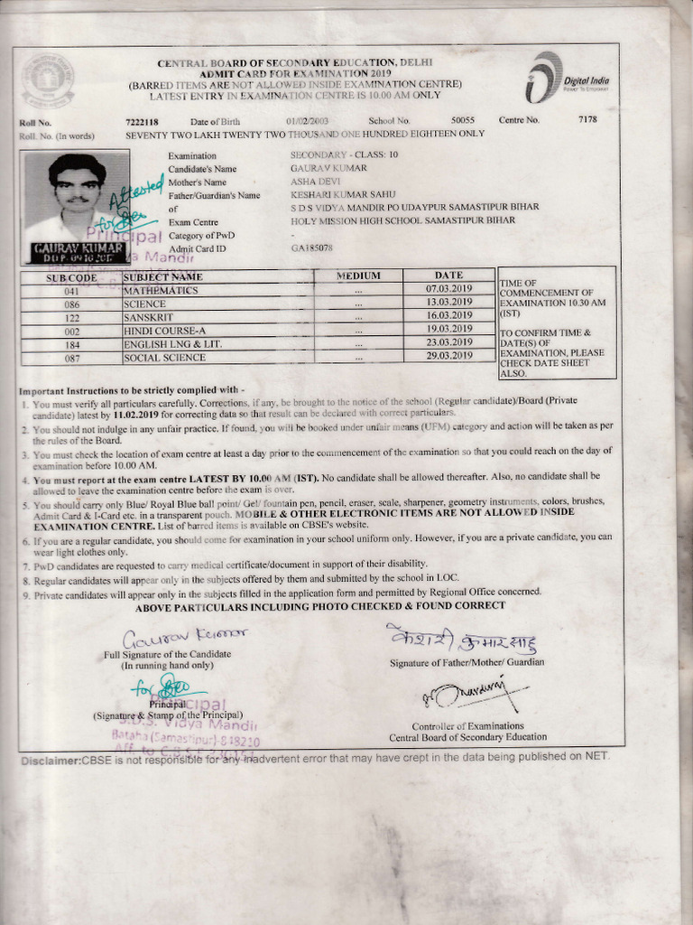 Class 10 Admit Card Instructions 2024 | PDF