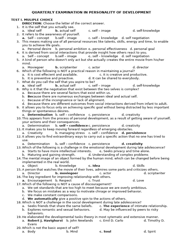 Personality Development Quarterly Exam | PDF | Creativity | Mind
