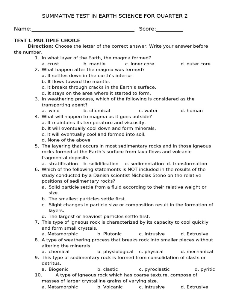 Summative Test in Earth Science - Docx 2021-2022 | PDF | Rock (Geology ...