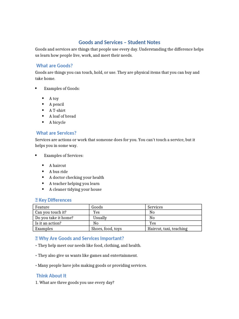 Goods and Services Student Handout | PDF