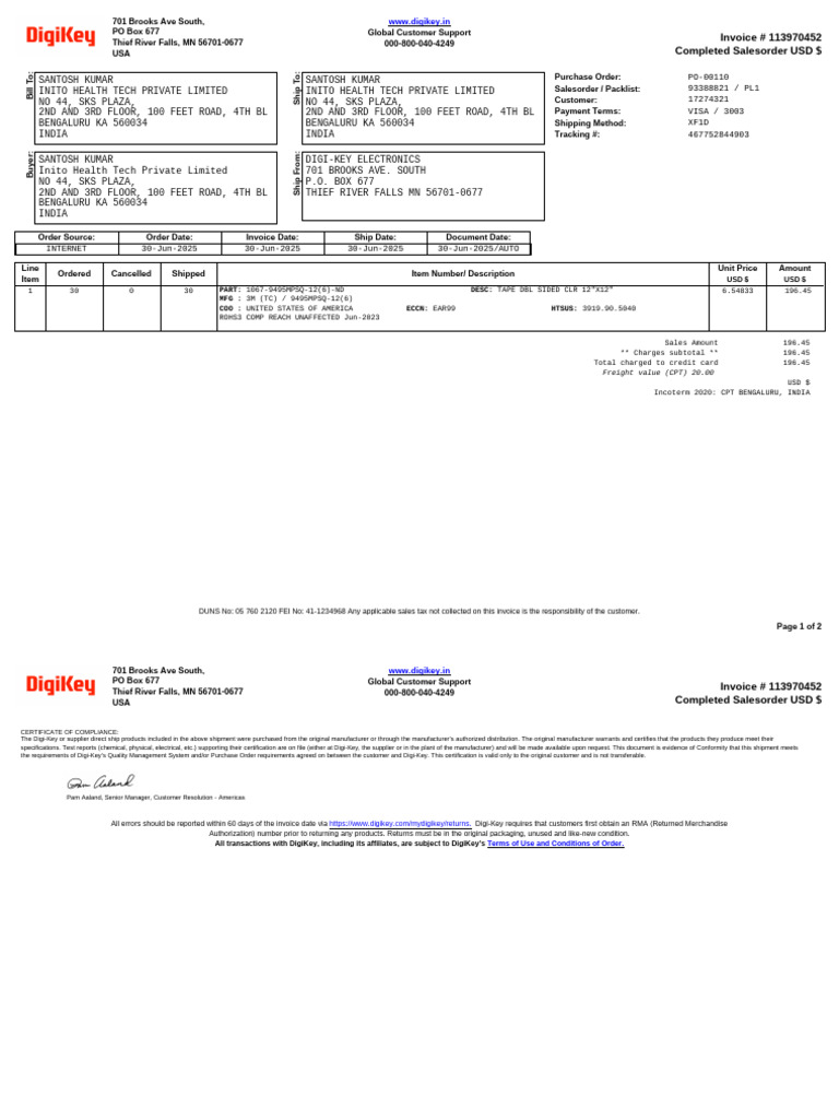 Digi-Key Invoice #113970452 | PDF | Invoice | Business