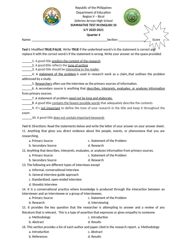 Summative Test 4th Quarter2 | PDF | Methodology | Abstract (Summary)