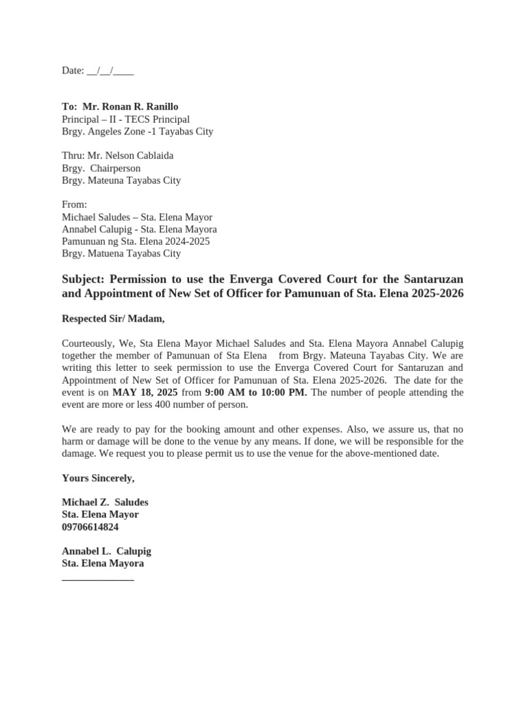 Letter Requesting Permission For Sta. Elena Venue | PDF
