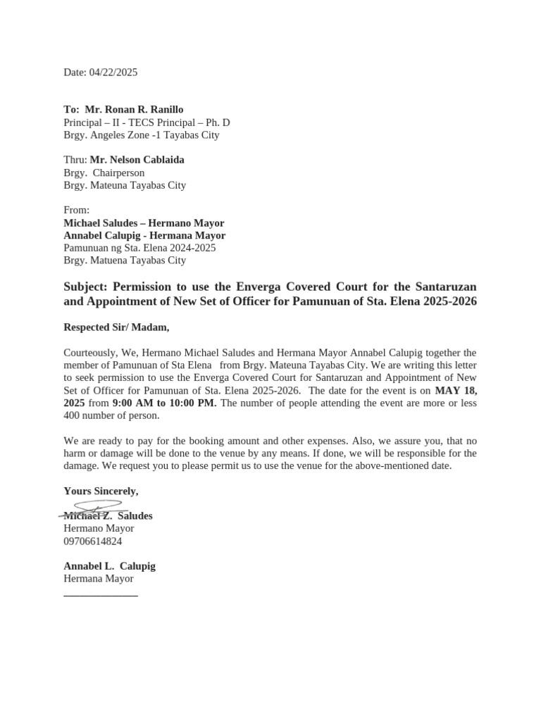 Letter Requesting Permission For Sta. Elena Venue | PDF