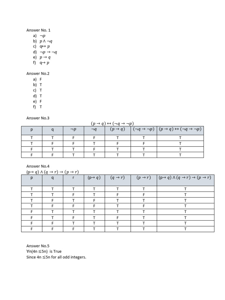 Logic and Set Theory Answers Summary | PDF