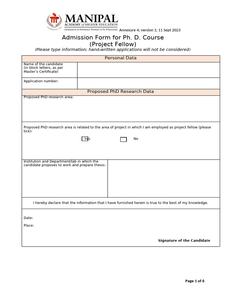 Annexure 4-Admission Form For PHD - HI-Project Fellow | PDF | Doctor Of Philosophy | Higher ...
