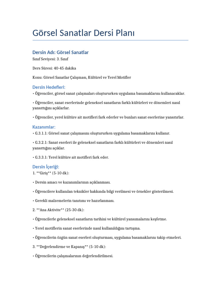 Gorsel Sanatlar Ders Plani | PDF