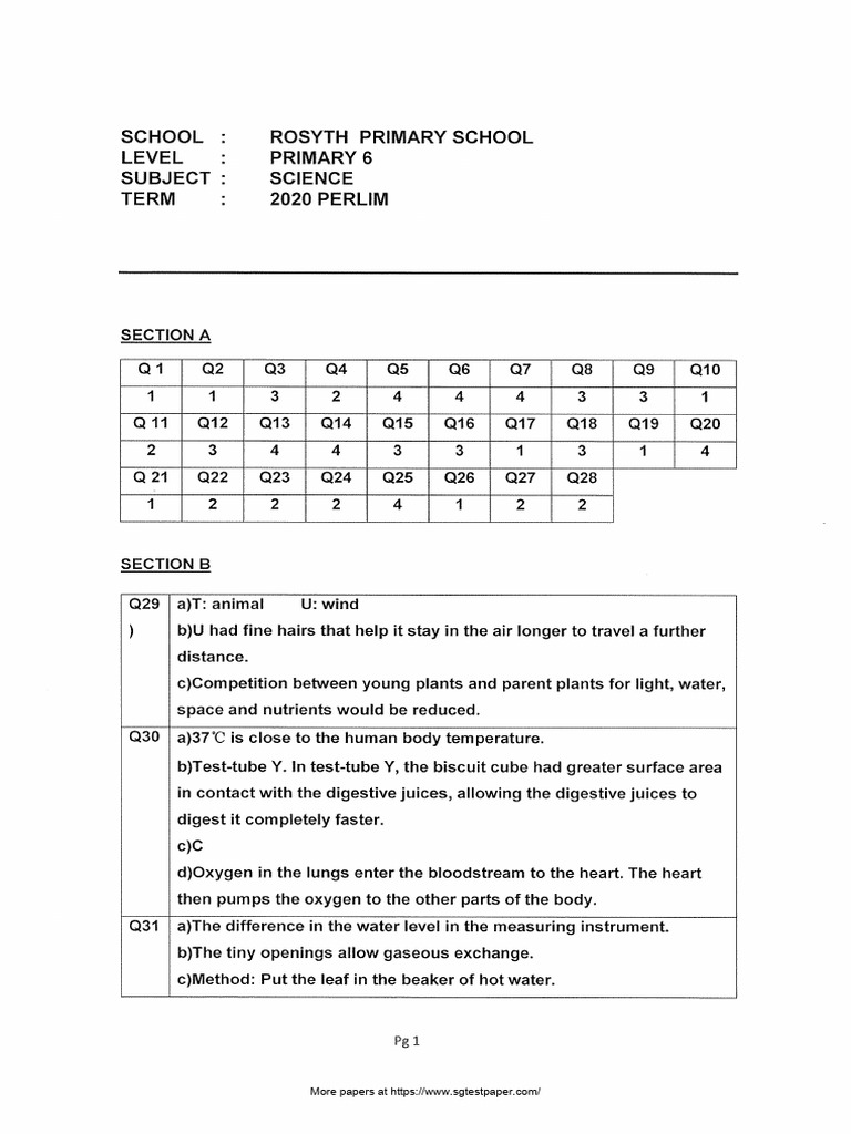 P6 Science SA2 2020 Rosyth Exam Papers (Answers) | PDF