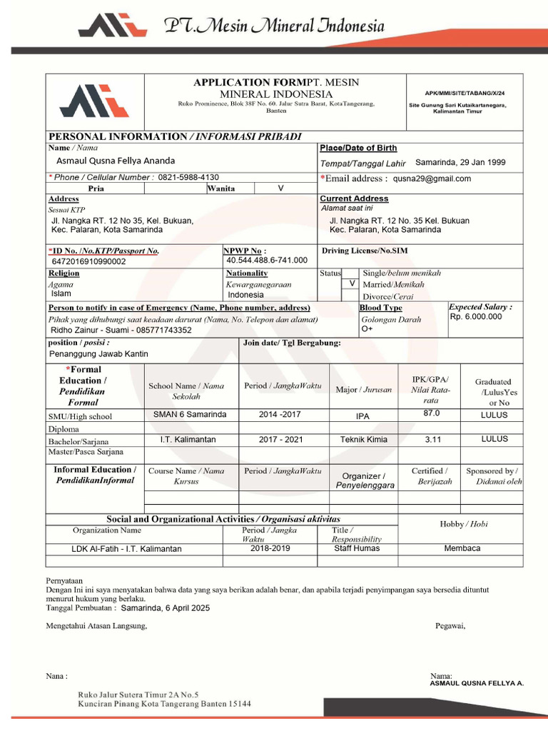 Application Form Karyawan Mmi | PDF