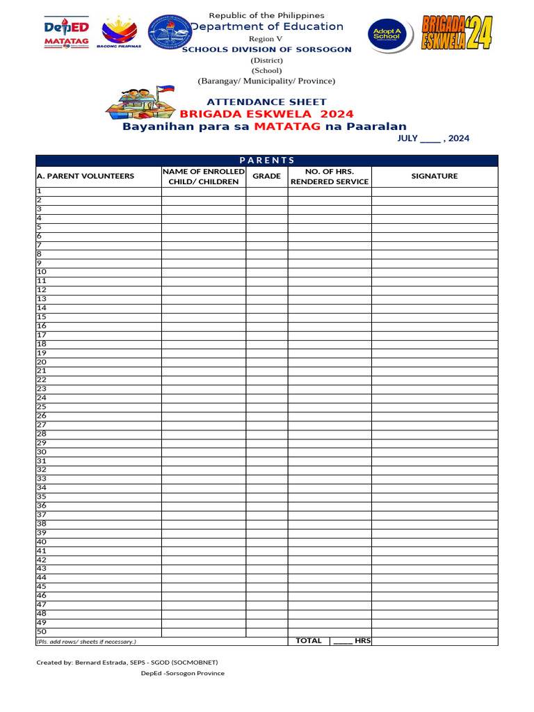 Brigada Eskwela 2024 Attendance Sheet | PDF | Government Related ...