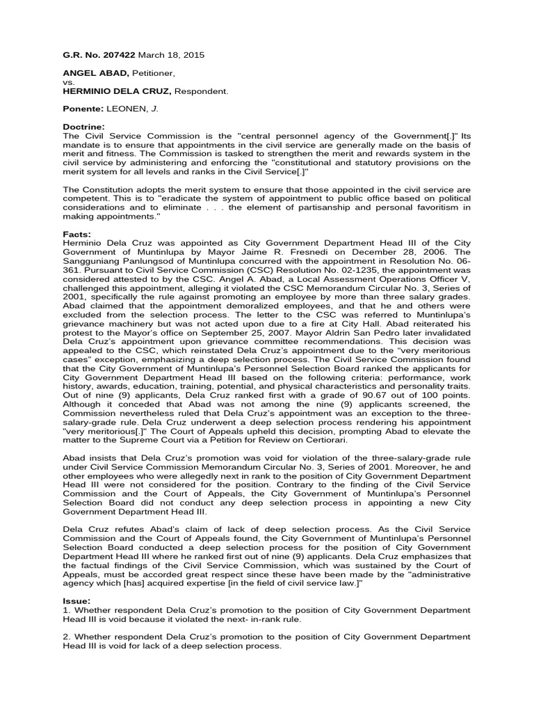 Abad vs. Dela Cruz, (G.R. No. 207422) Case Digest - Admin Law | PDF | Civil Service | Burden Of ...
