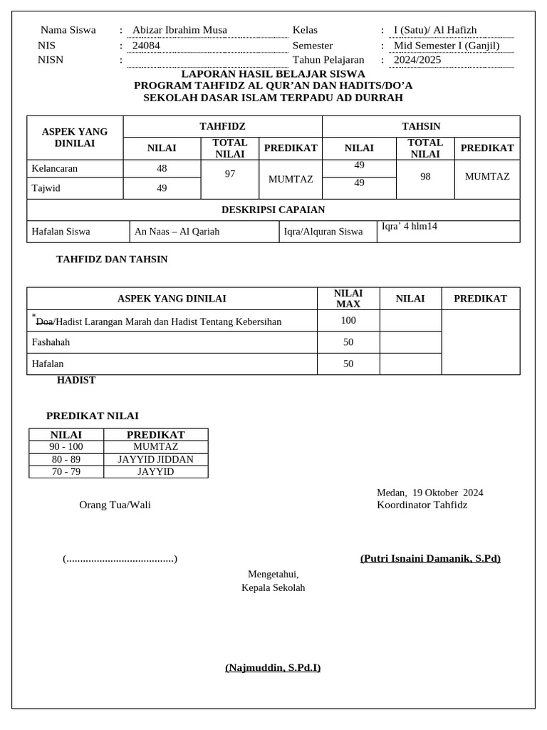 Rapot Kls 1 Al Hafizh | PDF