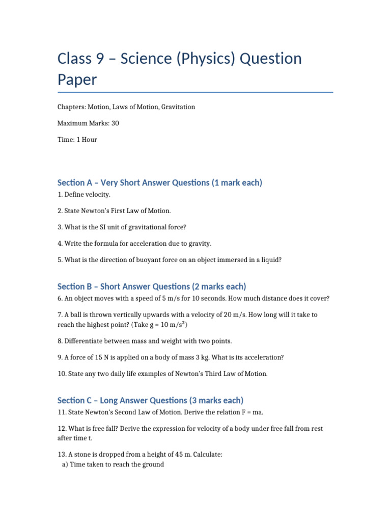 Class9 Physics 30marks QuestionPaper AnswerKey | PDF | Force | Mass