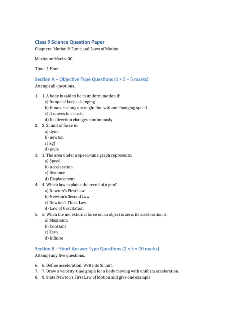 Class9 Motion Force QuestionPaper | PDF