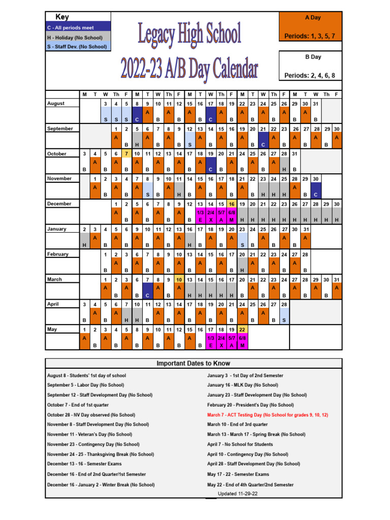 22-23 AB Calendar and Bell Schedule - Legacy - A - B Calendar 11-29-22 ...